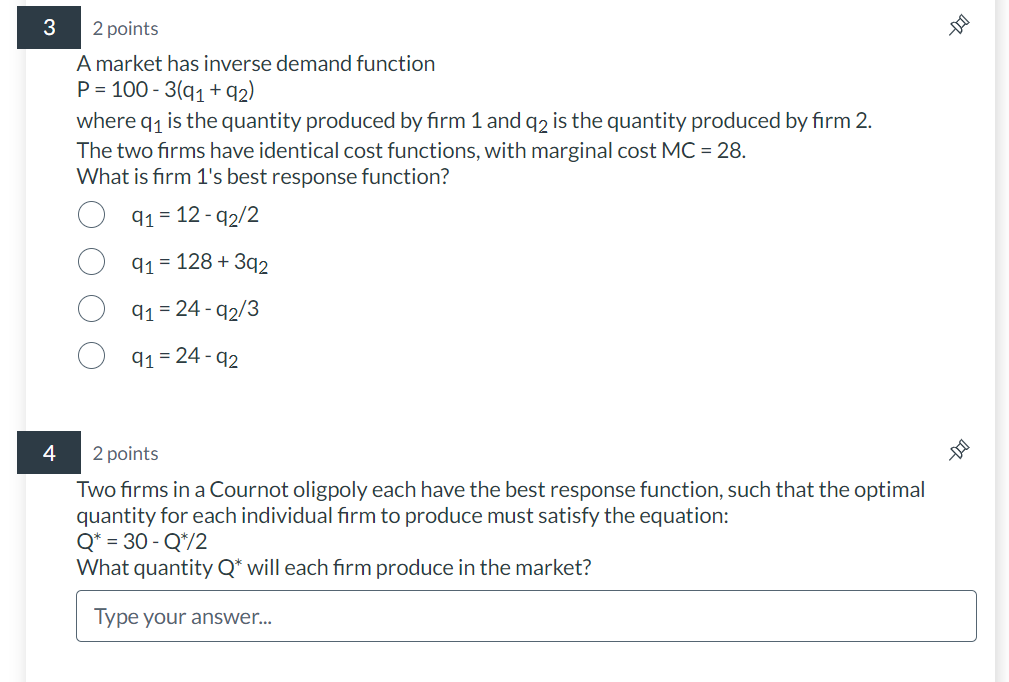 Solved 2 points A market has inverse demand function | Chegg.com