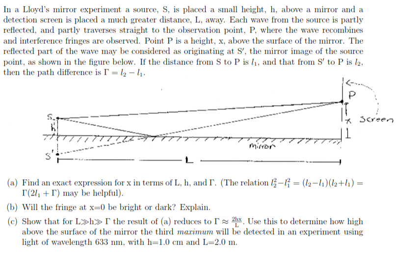 Solved In a Lloyd's mirror experiment a source, S, is placed | Chegg.com