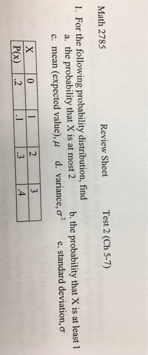 Solved Math 2785 Review Sheet Test 2 (Ch 5-7) 1. For the | Chegg.com