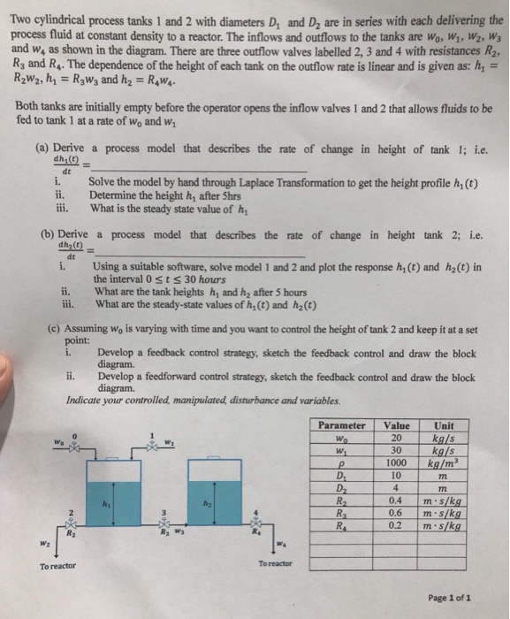 Two cylindrical process tanks 1 and 2 with diameters | Chegg.com