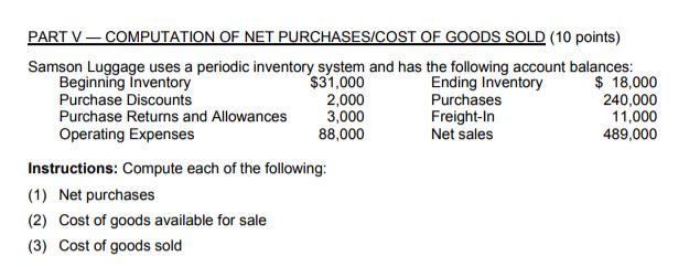Solved PART V– COMPUTATION OF NET PURCHASES/COST OF GOODS | Chegg.com