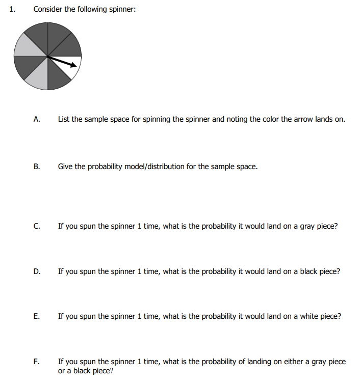 Solved 1. Consider the following spinner: A. List the sample | Chegg.com
