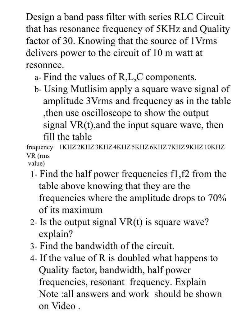 Solved Design a band pass filter with series RLC Circuit | Chegg.com