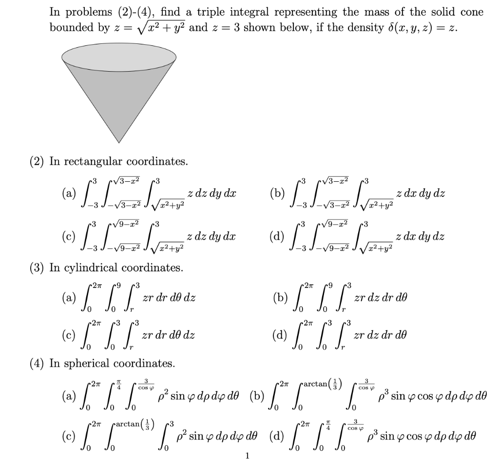 Solved In problems (2)-(4), find a triple integral | Chegg.com