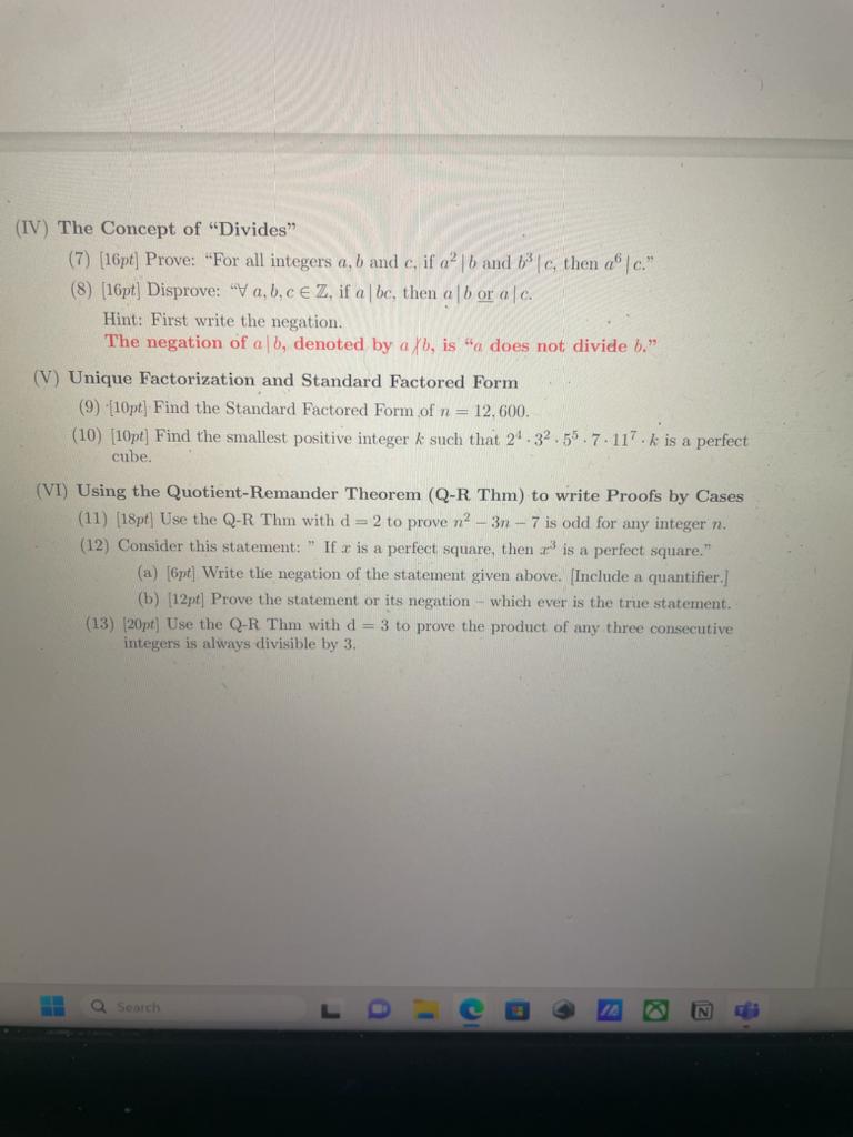 Solved (IV) The Concept of "Divides" (7) [16pt] Prove: "For | Chegg.com