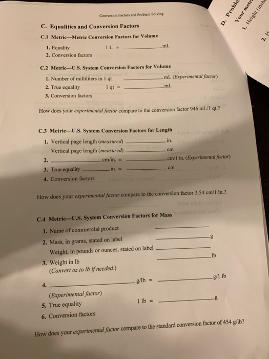 Solved Coaversion Factors and Problem Solving C. Equalities | Chegg.com