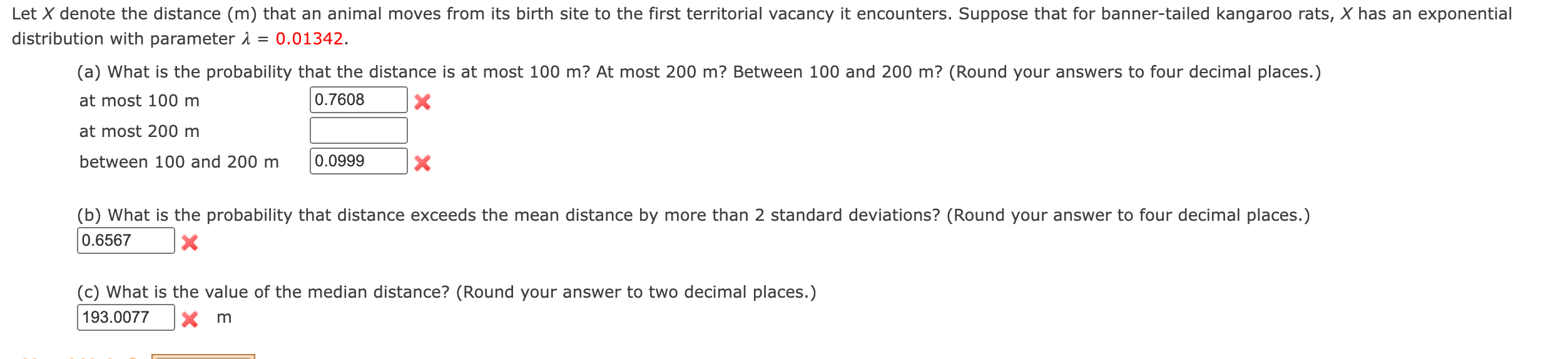 Solved = Let X denote the distance (m) that an animal moves | Chegg.com
