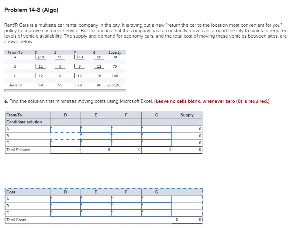 Solved Problem 14-8 (Algo) Rent'R Cars is a multisite car | Chegg.com