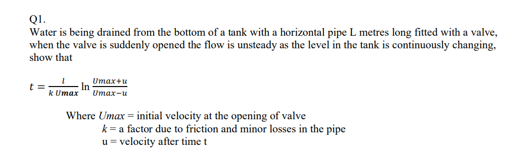 Solved Q1.Water is being drained from the bottom of a tank | Chegg.com