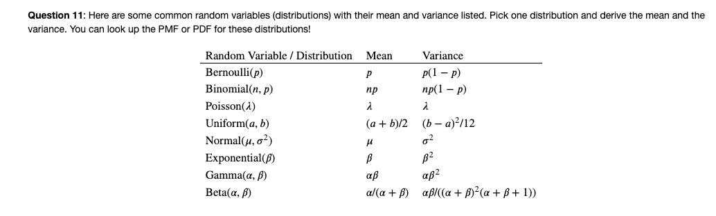 Solved Question 11: Here are some common random variables | Chegg.com
