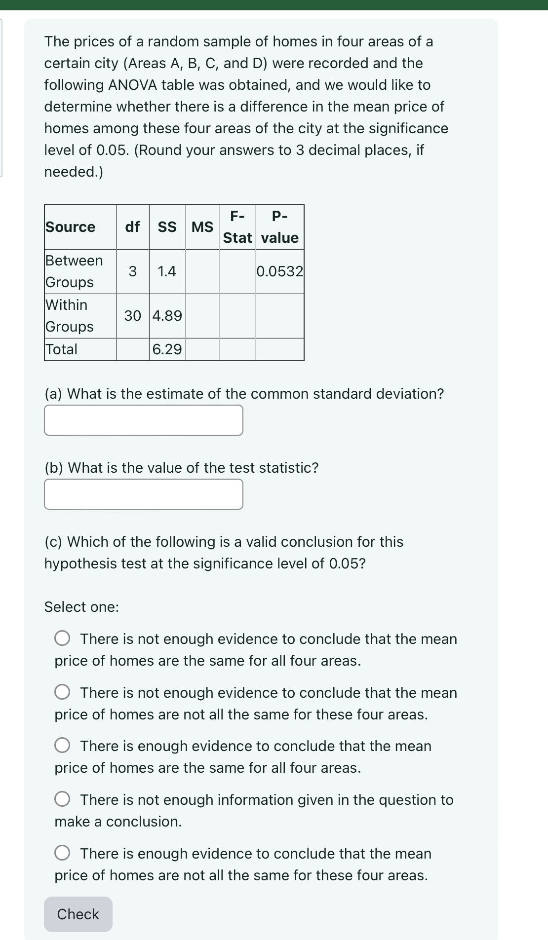 Solved The prices of a random sample of homes in four areas | Chegg.com