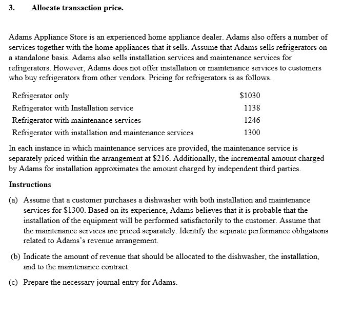 Solved 3. Allocate transaction price. Adams Appliance Store | Chegg.com