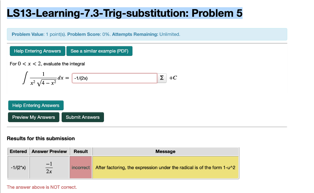 Solved LS13-Learning-7.3-Trig-substitution: Problem 5 | Chegg.com