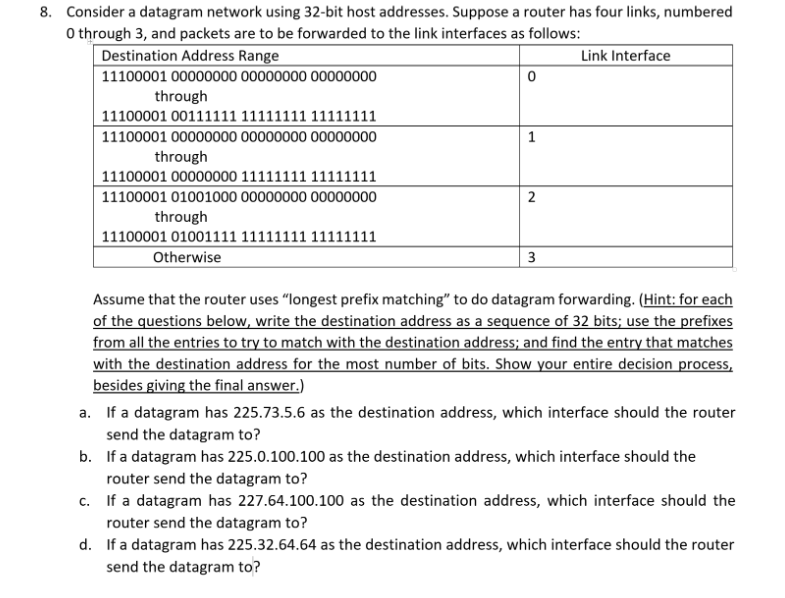 Solved 8. Consider a datagram network using 32-bit host | Chegg.com