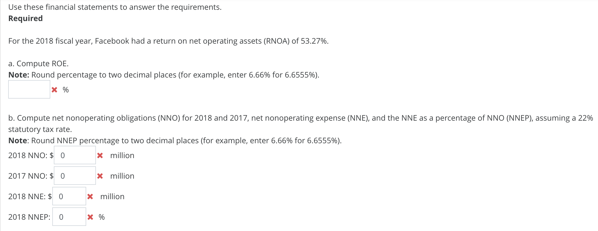 Compute ROE and Nonoperating Return with Negative NNO | Chegg.com