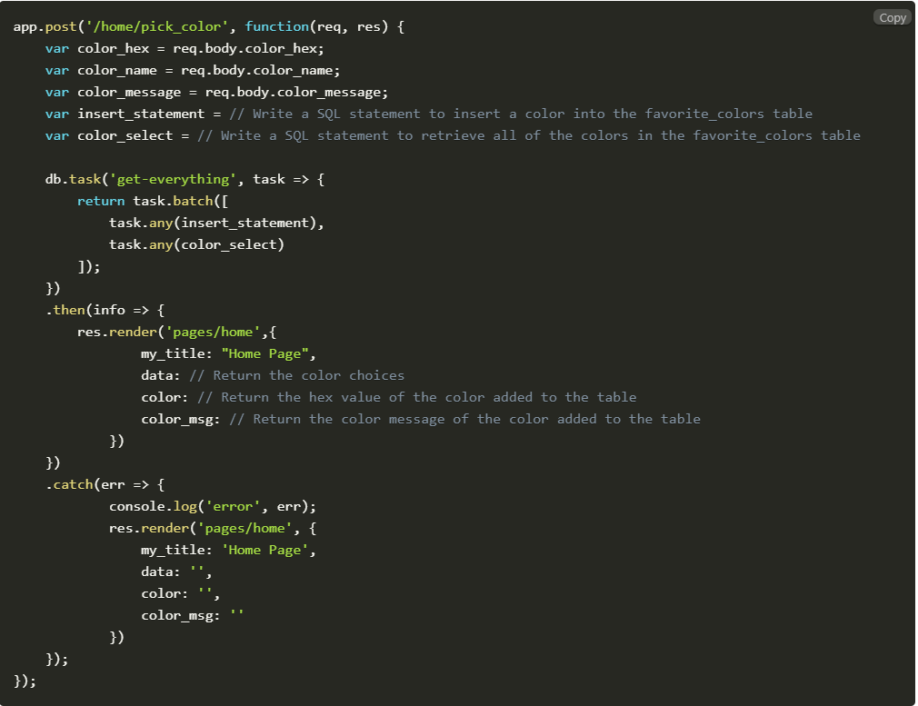 Solved Copy app-post('/home/pick_color', function(req, res) | Chegg.com