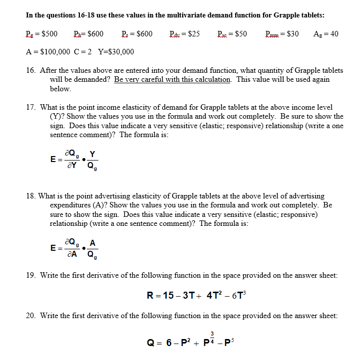 Solved In the questions 16-18 use these values in the | Chegg.com