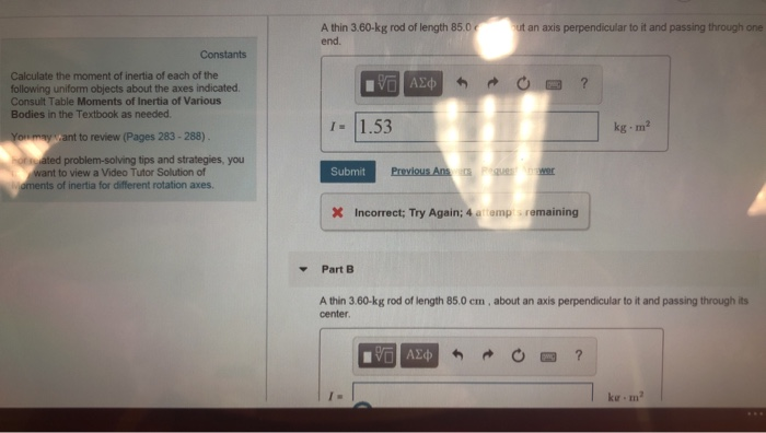 Solved A thin 3.60-kg rod of length 85.0 end t an axis | Chegg.com