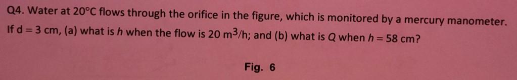 Solved Q4. Water at 20∘C flows through the orifice in the | Chegg.com