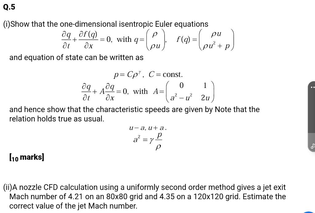 Solved I Show That The One Dimensional Isentropic Euler
