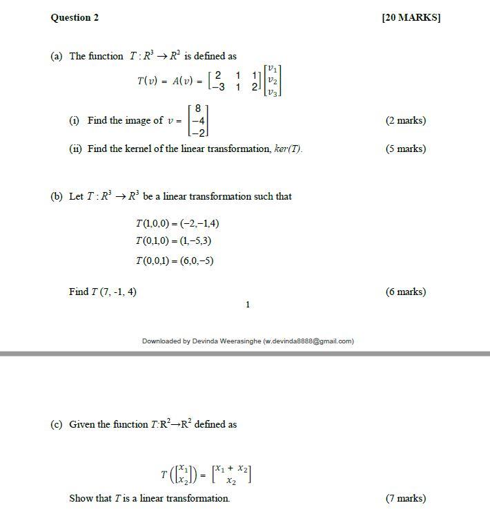 Solved (a) The function T:R3→R2 is defined as | Chegg.com