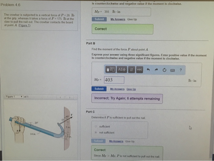 Solved The crowbar is subjected to a vertical force of P = | Chegg.com