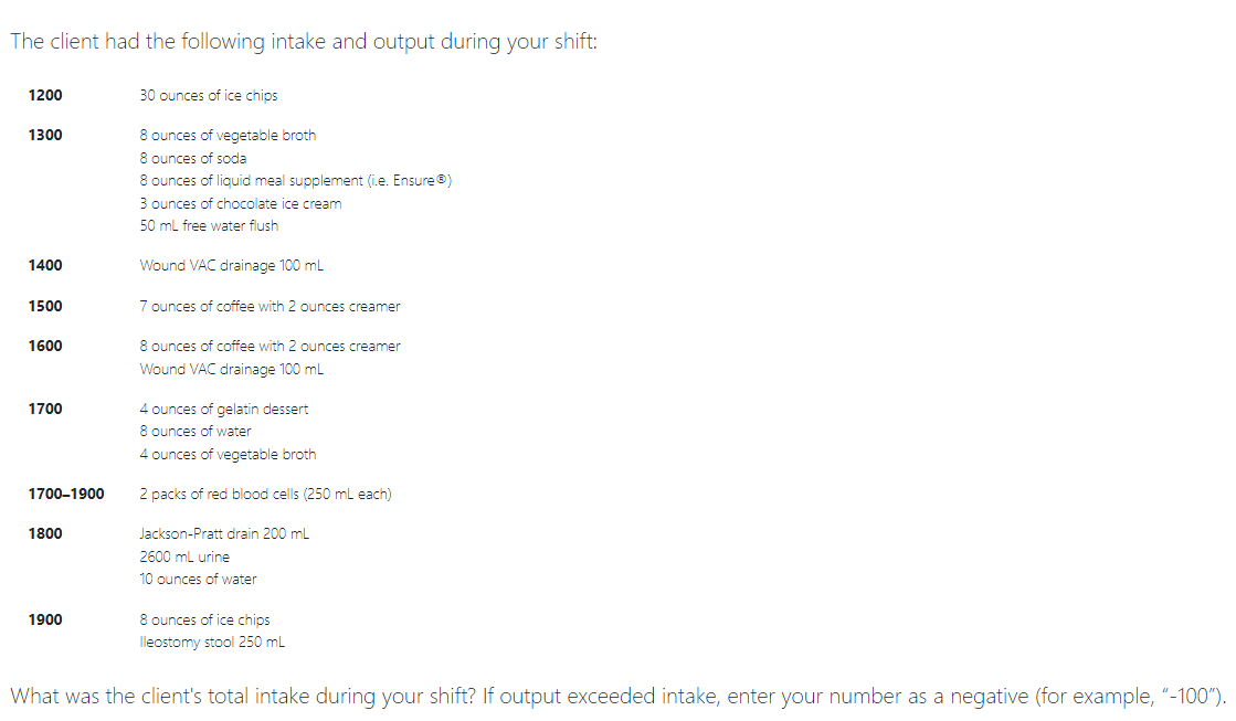 Solved The client had the following intake and output during | Chegg.com