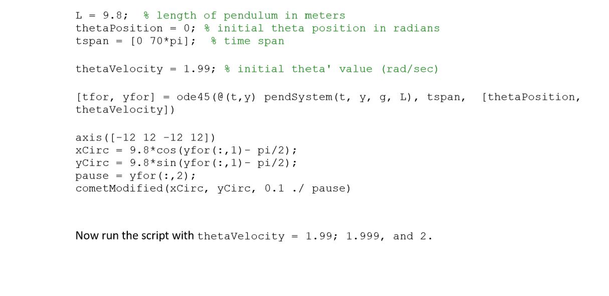 Solved MATLAB/OCTAVE PENDULUM LAB PART 2 MAT2310/2330 MATLAB | Chegg.com