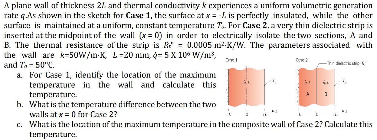 Solved A plane wall of thickness 2L and thermal conductivity | Chegg.com