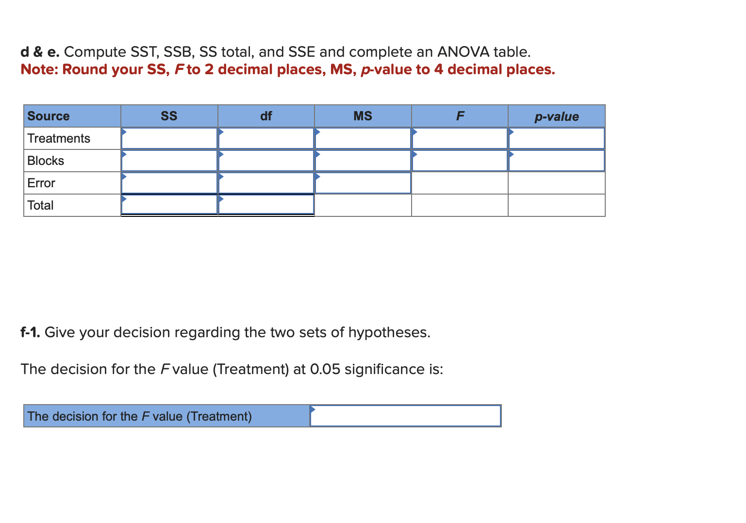 d \& e. Compute SST, SSB, SS total, and SSE and | Chegg.com
