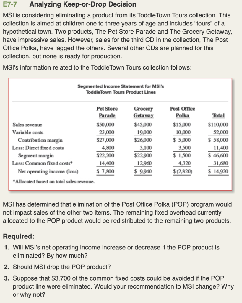 Solved E7-7 Analyzing Keep-or-Drop Decision MSI is | Chegg.com