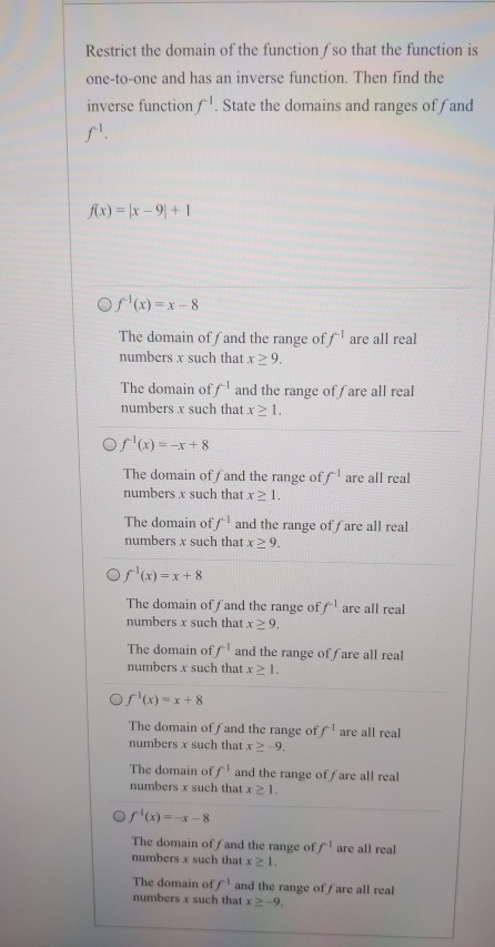 Solved Restrict the domain of the functionſ so that the | Chegg.com