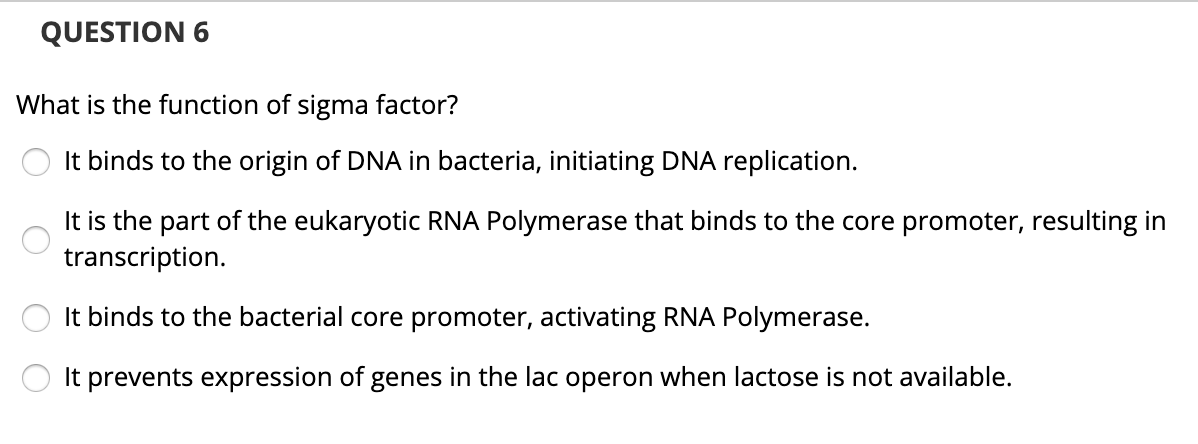Solved QUESTION 6 What is the function of sigma factor? o It | Chegg.com