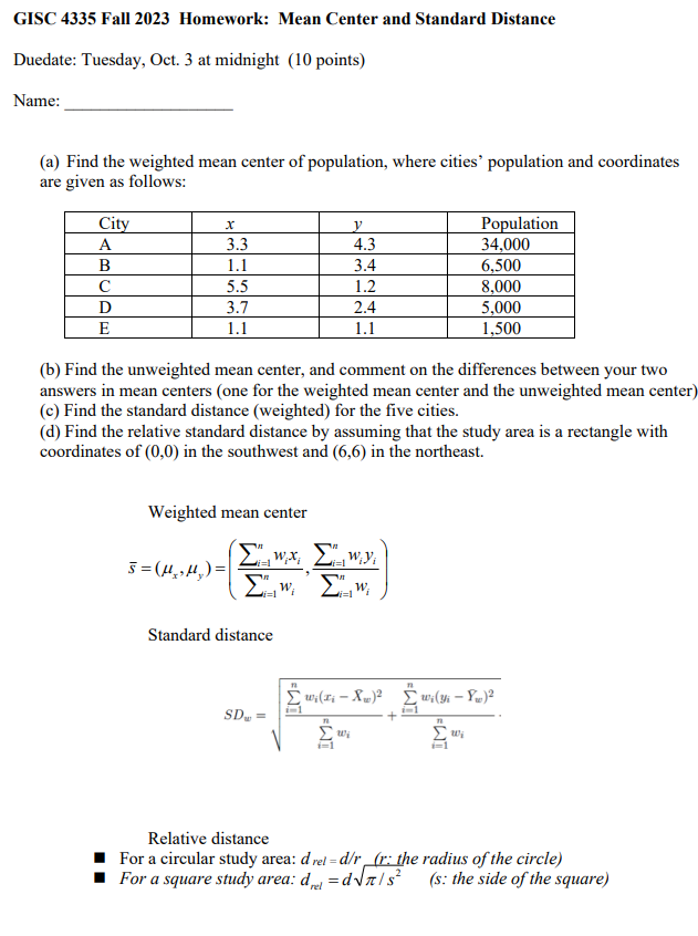 Solved (a) Find the weighted mean center of population, | Chegg.com