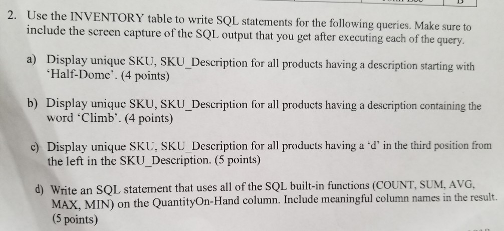 Solved 2. Use the INVENTORY table to write SOL statements | Chegg.com