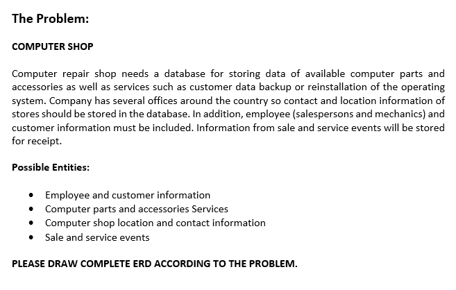 Solved The Problem: COMPUTER SHOP Computer repair shop needs | Chegg.com