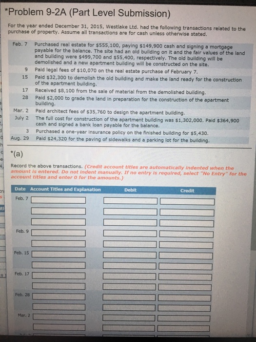 Solved *Problem 9-2A (Part Level Submission) For the year | Chegg.com