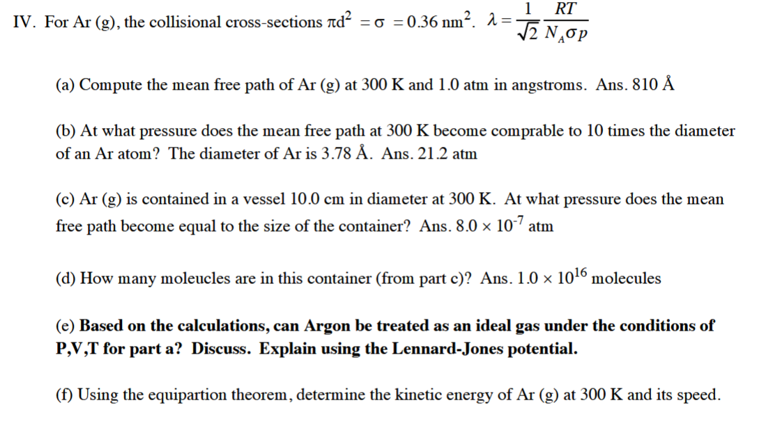 Solved V. For Ar (g), the collisional cross-sections pd2 = s | Chegg.com