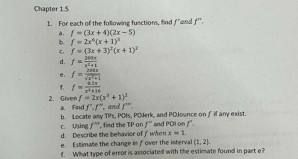 Solved 1. For each of the following functions, find f′ and | Chegg.com