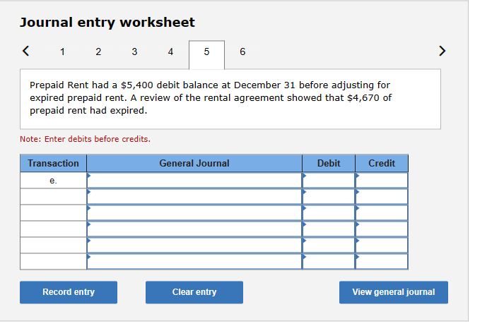 Solved Journal entry worksheetPrepaid Rent had a $5,400 | Chegg.com