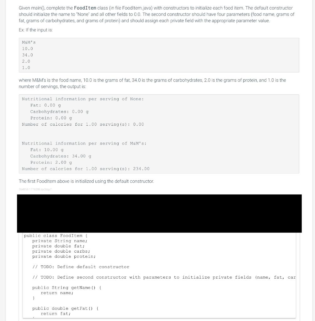 Solved Given main(). complete the FoodItem class (in file | Chegg.com