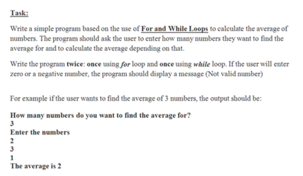 Solved Task: Write a simple program based on the use of For | Chegg.com