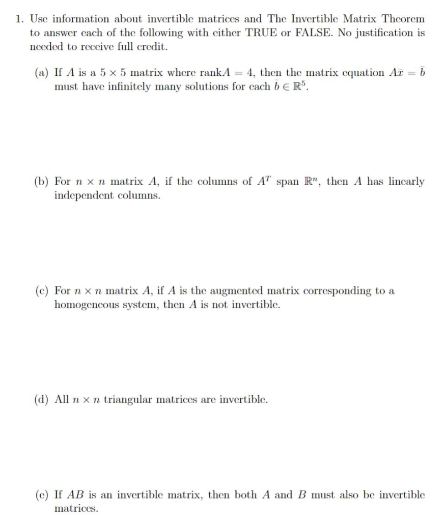 Solved 1. Use information about invertible matrices and The | Chegg.com