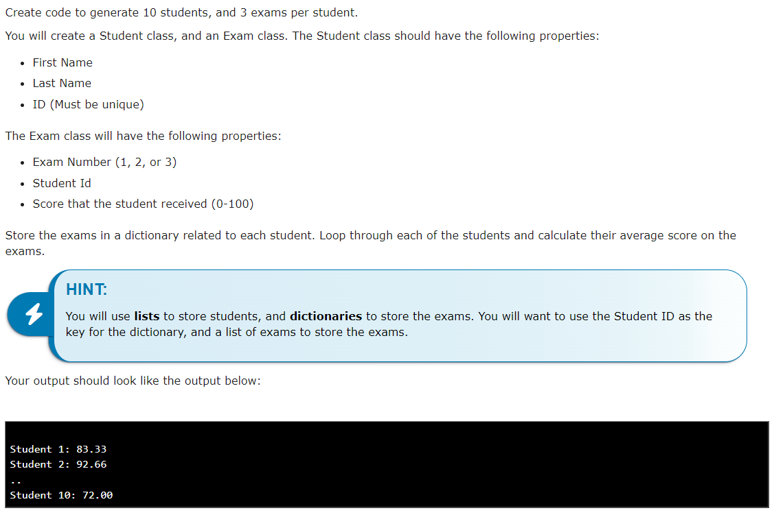 Solved Create code to generate 10 ﻿students, and 3 ﻿exams | Chegg.com