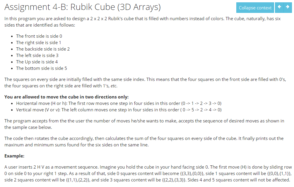 Solved Assignment 4-B: Rubik Cube (3D Arrays) Collapse | Chegg.com