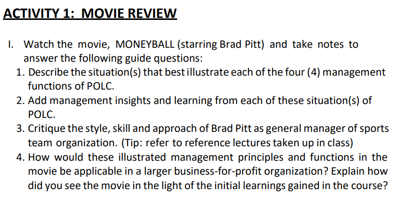 ACTIVITY 1: MOVIE REVIEW I. Watch the movie, | Chegg.com