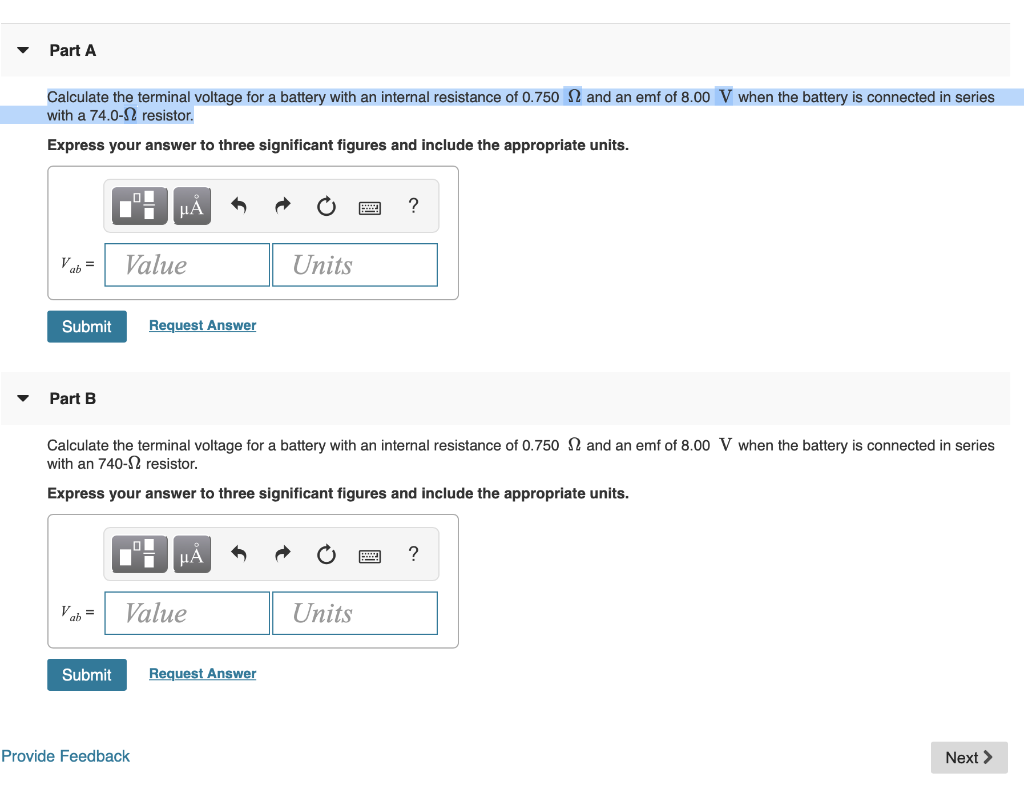 Solved Part A Calculate the terminal voltage for a battery | Chegg.com