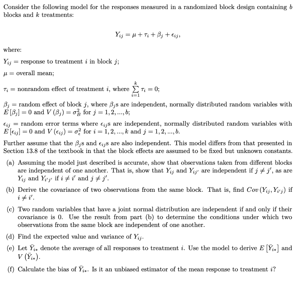 Solved Consider the following model for the responses | Chegg.com