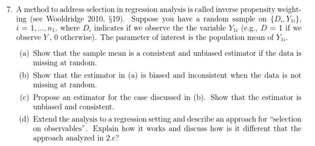 Solved 7. A method to address selection in regression | Chegg.com