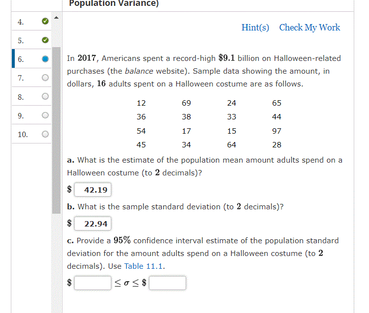 Solved Population Variance) 4. Hint(s) Check My Work 5. 6. | Chegg.com